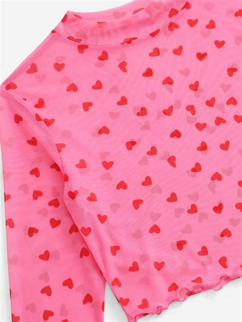 SHEIN Qutie Mock Neck Lettuce Trim Heart Print Mesh Top SHEIN USA