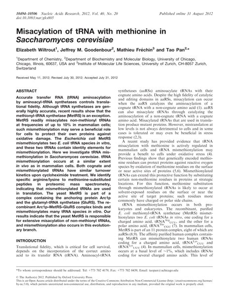 Pdf Misacylation Of Trna With Methionine In Saccharomyces Cerevisiae