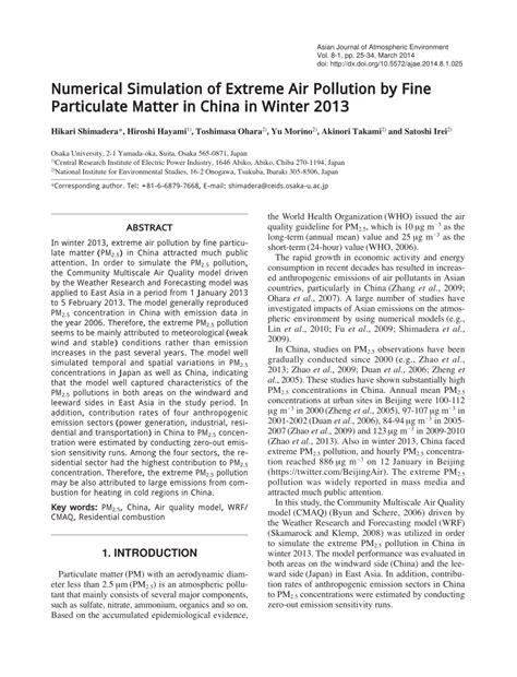 PDF Numerical Simulation Of Extreme Air Pollution By Fine Particulate Matter In China In