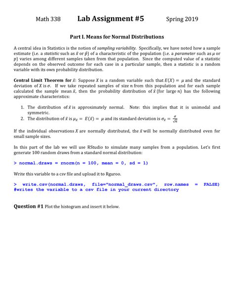 Lab Assignment 5 Solutions Math 338 Lab Assignment Spring 2019 Part I