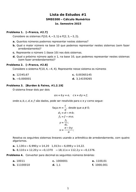 Lista 1 Calculo Numerico Exercícios Cálculo Numérico Docsity
