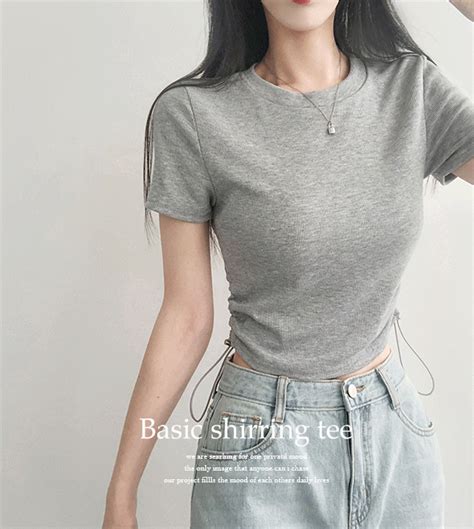 스트링포인트 잘록필수템 옆셔링 부드러운 골지원단 라운드 크롭 반팔 티셔츠 에이블리