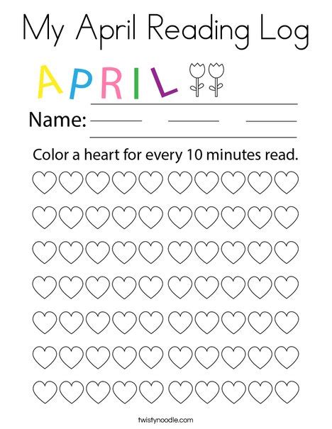 My April Reading Log Coloring Page Twisty Noodle
