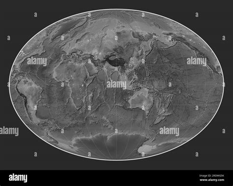 Tectonic Plate Boundaries On The World Grayscale Elevation Map In The Fahey Projection Centered