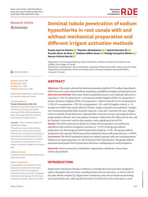 Pdf Dentinal Tubule Penetration Of Sodium Hypochlorite In Root Canals