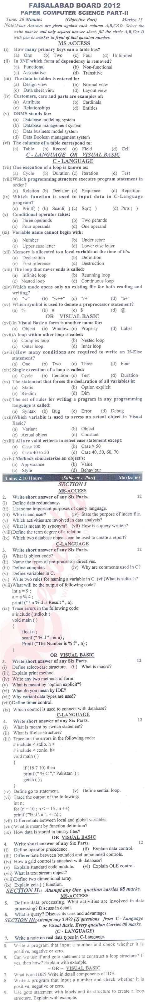 Computer Science ICS Part 2 Past Paper Group 1 BISE Faisalabad 2012