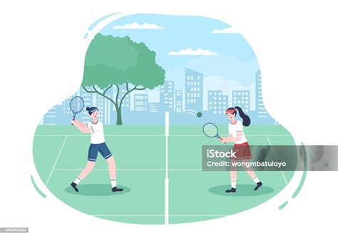 손에 라켓을 들고 코트에서 공을 가진 테니스 선수 플랫 카툰 일러스트레이션에서 스포츠 경기를하는 사람들 Championship에 대한 스톡 벡터 아트 및 기타 이미지