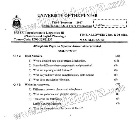 Past Paper 2017 Punjab University English 203 Bs Hons 3rd Semester