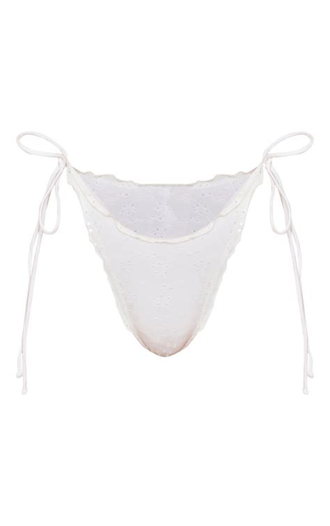 White Broderie Ruched Edge Tie Side Bikini Bottoms Swimwear