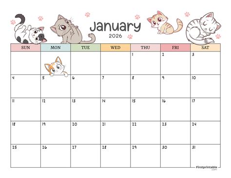 January 2026 Calendar Cat Themed 01 50 Free Printable Planners Firs… Free Printable
