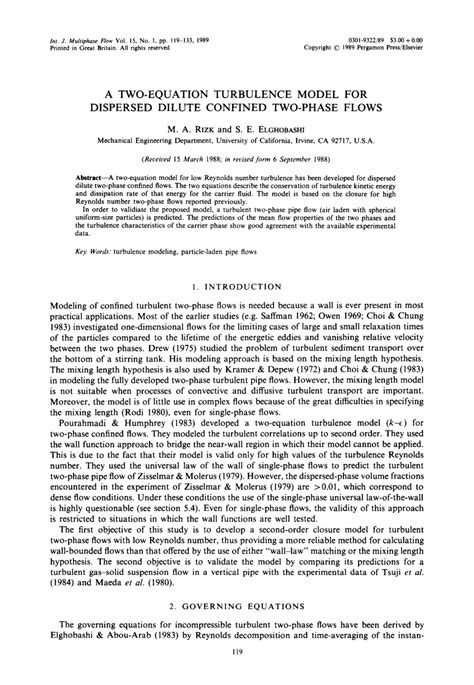 Pdf A Two Equation Turbulence Model For Dispersed Dilute Confined Two