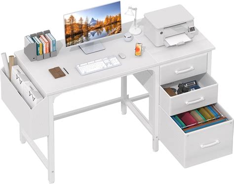 Lufeiya White Desk With Fabric File Drawers Cabinet 47 Inch Reversible