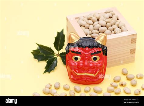 Japanese Traditional Setsubun Event Masks Of Oni Demon And Soybeans
