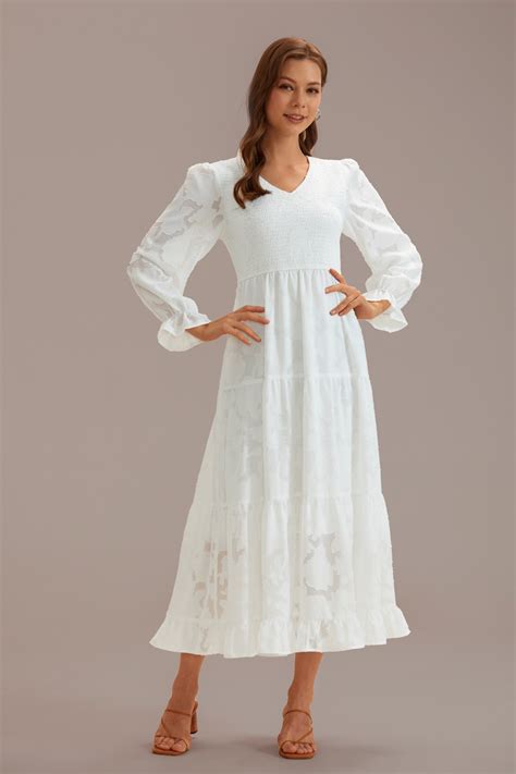 White Textured Floral Long Sleeve V Neck Smocked Tiered Maxi Dress