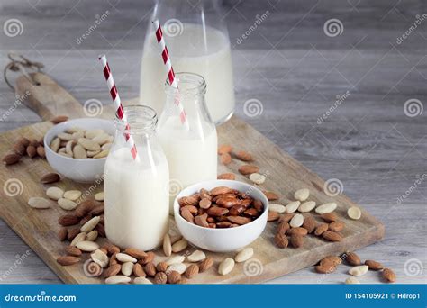 Almond Milk Vegan Drink Peeled And Unpeeled Almonds Stock Image
