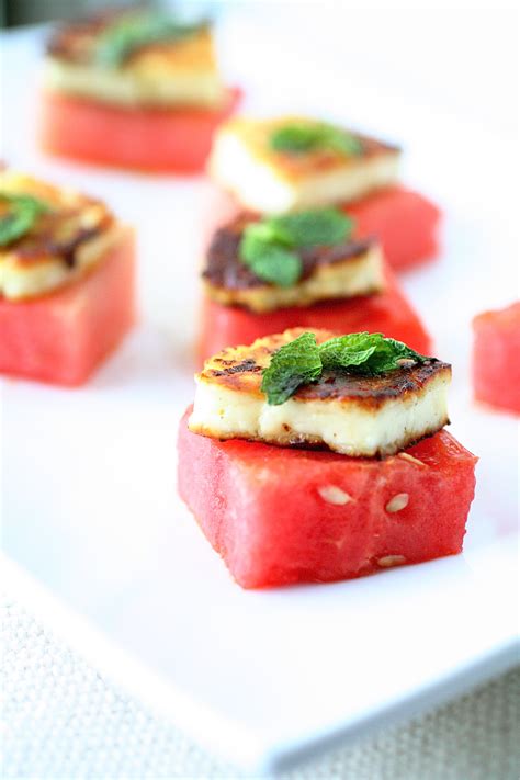 Halloumi And Watermelon Bites With Basil Mint Oil The Curvy Carrot