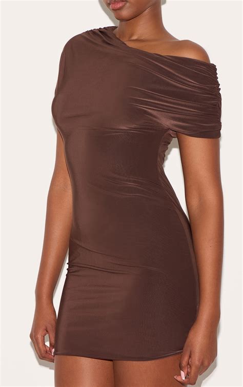 Chocolate Slinky Off The Shoulder Mini Dress Dresses