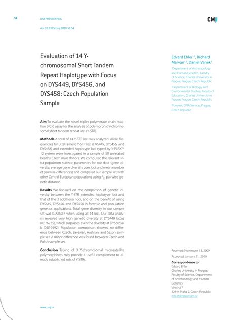 Pdf Evaluation Of 14 Y Chromosomal Short Tandem Repeat Haplotype With Focus On Dys449 Dys456