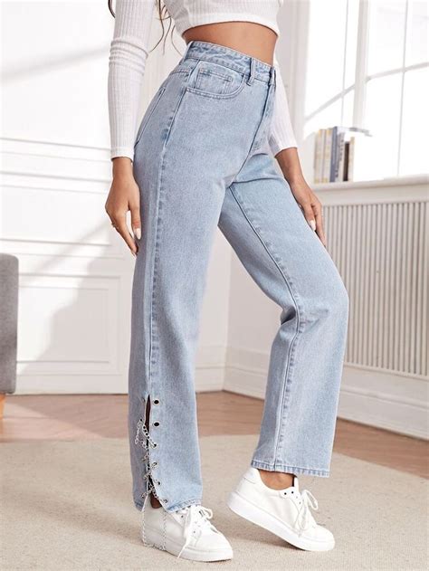 Grommet Eyelet Straight Leg Jeans With Chain Denim Design Denim