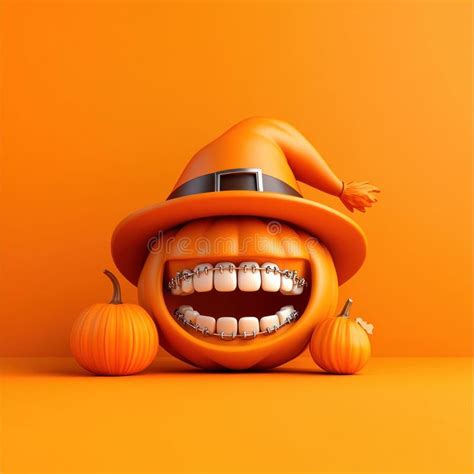 Smiling Pumpkin With Braces In Witch Hat Stock Illustration