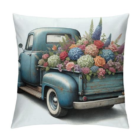 Comio Blue Truck Hydrangea Spring Throw Pillow Covers Pink Floral
