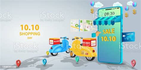 모바일에 스쿠터에 의해 빠른 배달 전자 상거래 온라인 개념 1010 쇼핑의 날 온라인 인포그래픽 웹 페이지 앱 디자인 벡터 그림입니다 0명에 대한 스톡 벡터 아트 및 기타