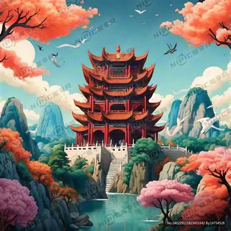 Ai创作图黄鹤楼 千里江山第一楼 远景插画 昵图网