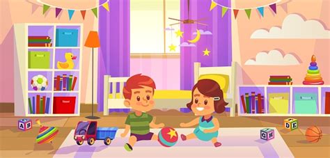 베이비 룸 아이들은 바닥 어린이 장난감 가족 라이프 스타일 아이 놀이방 플랫 만화 벡터 일러스트레이션에서 놀고 있습니다 유아에
