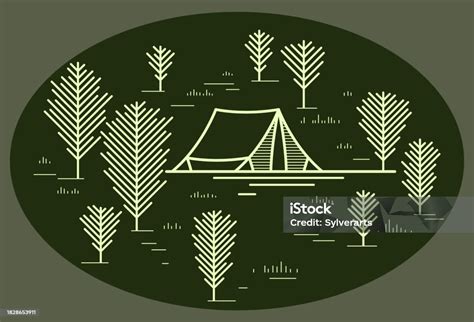 소나무 숲 벡터 선형 일러스트에서 캠핑 텐트 어두운 휴일과 숲 테마 라인 아트 드로잉 디자인 방랑자 0명에 대한 스톡 벡터 아트