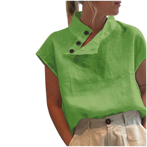 Loasebue Womens Summer Elegant Casual Round Neck Buttons Short Sleeve