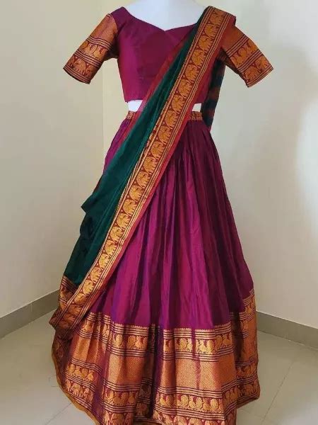 Wine Color Kanjivaram Cotton Zari Half Saree Lehenga With Dupatta South