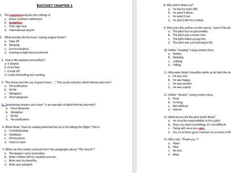 Hatchet Difficult Chapter Multiple Choice Questions Teaching Resources