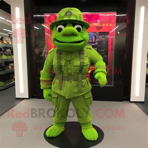 Lime Green Commando Mascot Costume Character Dressed With A Skirt And