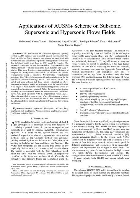 Pdf Applications Of Ausm Scheme On Subsonic Supersonic And Hypersonic Flows Fields
