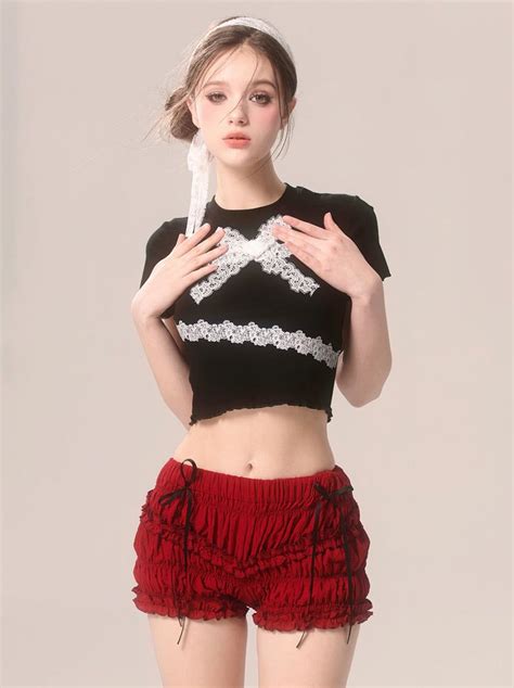 Cherry Red Ruffle Shorts Ruffle Shorts Lace Tshirt Fashion Outfits