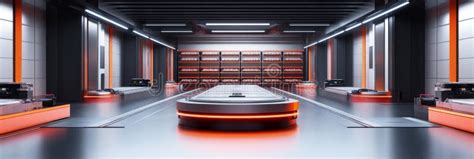 a sleek clean warehouse with high tech robotic conveyors moving goods