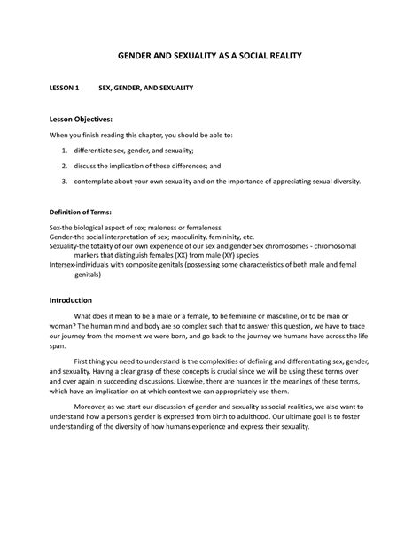 Gender AND Sexuality AS A Social Reality GENDER AND SEXUALITY AS A SOCIAL REALITY LESSON 1 SEX
