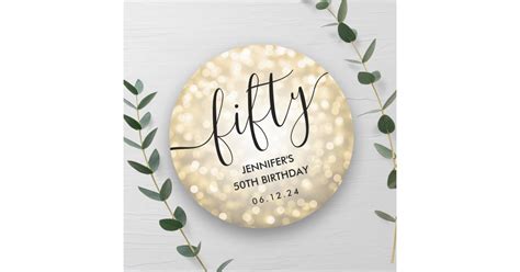 Modern Script Gold Glitter Lights 50th Birthday Classic Round Sticker