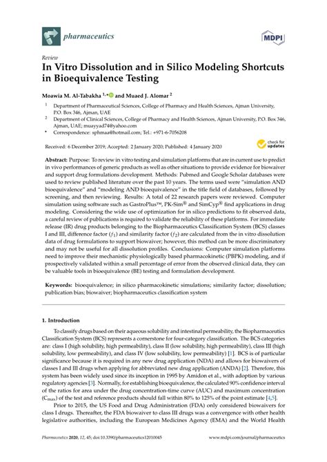 Pdf In Vitro Dissolution And In Silico Modeling Shortcuts In Bioequivalence Testing