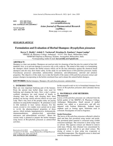 PDF Formulation And Evaluation Of Herbal Shampoo Bryophyllum Pinnatum