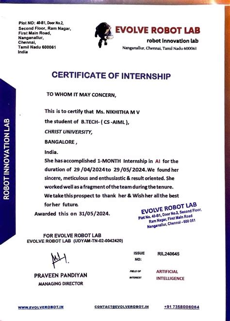 Internship Artificialintelligence Learningexperience M V Nikhitha