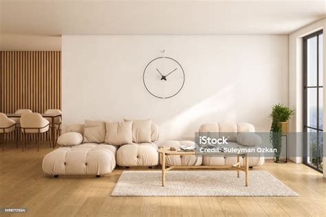 소파와 안락의자가 있는 현대적인 거실 인테리어 책과 장식이 있는 커피 테이블 단단한 나무 바닥에 깔린 카펫 의자가 있는 식탁 모형 포스터 모형 복사 공간 벽 3d 렌더링 0