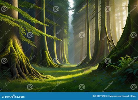A Dense And Mysterious Forest Filled With Towering Ancient Trees And Dappled Sunlight Filtering