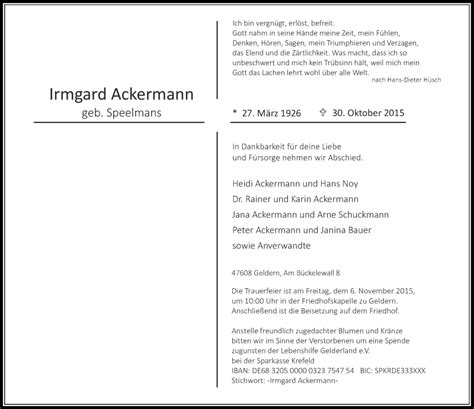 Alle Traueranzeigen für Irmgard Ackermann trauer rp online de