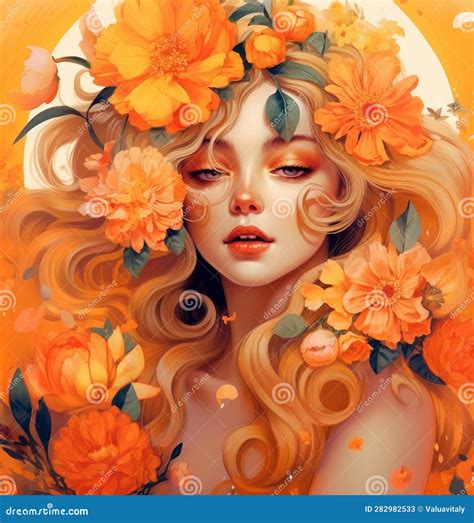 Beautiful Girl Face With Long Curly Hair Orange Autumn Leaves And