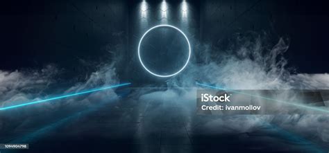 과학 Fi 미래의 어두운 반사 콘크리트 네온 블루 서클 빛나는 모양의 연기와 안개 빈 공간 3d 렌더링 스트라이프 빛 Led가 밝은 빛 3차원 형태에 대한 스톡 사진 및