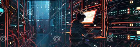 A Skilled Hacker Types On A Laptop In A Dimly Lit Data Center Surrounded By Glowing Servers And