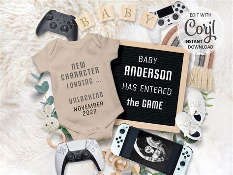 Video Gamer Baby Announcement Digital Game Rainbow Pregnancy Editable