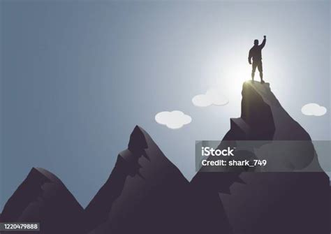 일출 배경 성공 성취 및 수상 컨셉 벡터 일러스트레이션에 주먹으로 산 꼭대기에 서있는 남자의 실루엣 실루엣에 대한 스톡 벡터 아트 및 기타 이미지 Istock