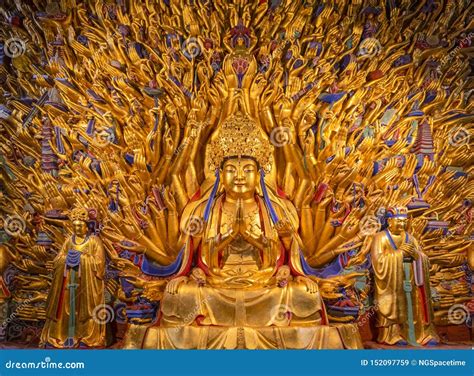 Golden Sculpture Of Avalokiteshvara Buddha Or Guanyin With Thousand